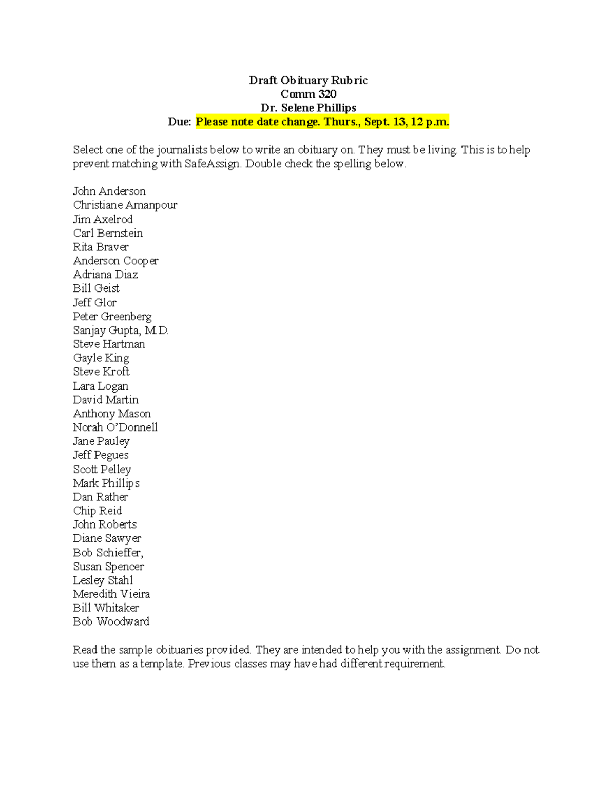 Obituary Rubric - Phillips - Draft Obituary Rubric Comm 320 Dr. Selene ...
