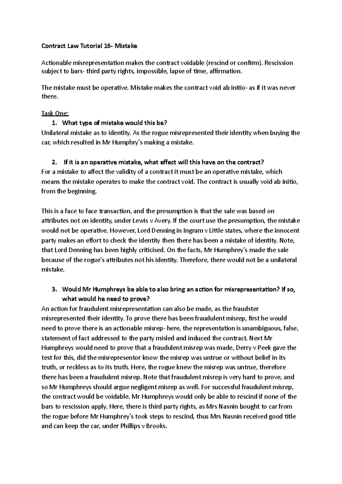 Contract Law Mistake - Contract Law Tutorial 16- Mistake Actionable ...