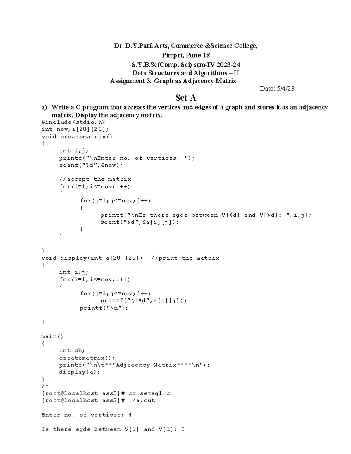 Assignment 3 Graph as Adjacency Matrix - Dr. D.Y Arts, Commerce &Science College, Pimpri, Pune ...