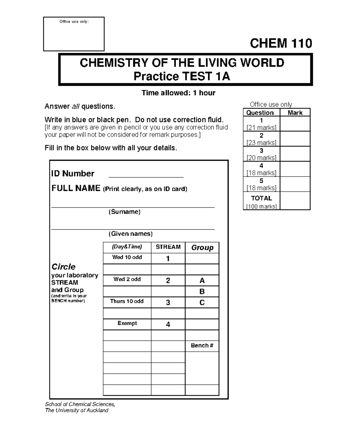 Test 1 April 2017, answers - CHEM 110 CHEMISTRY OF THE LIVING WORLD ...