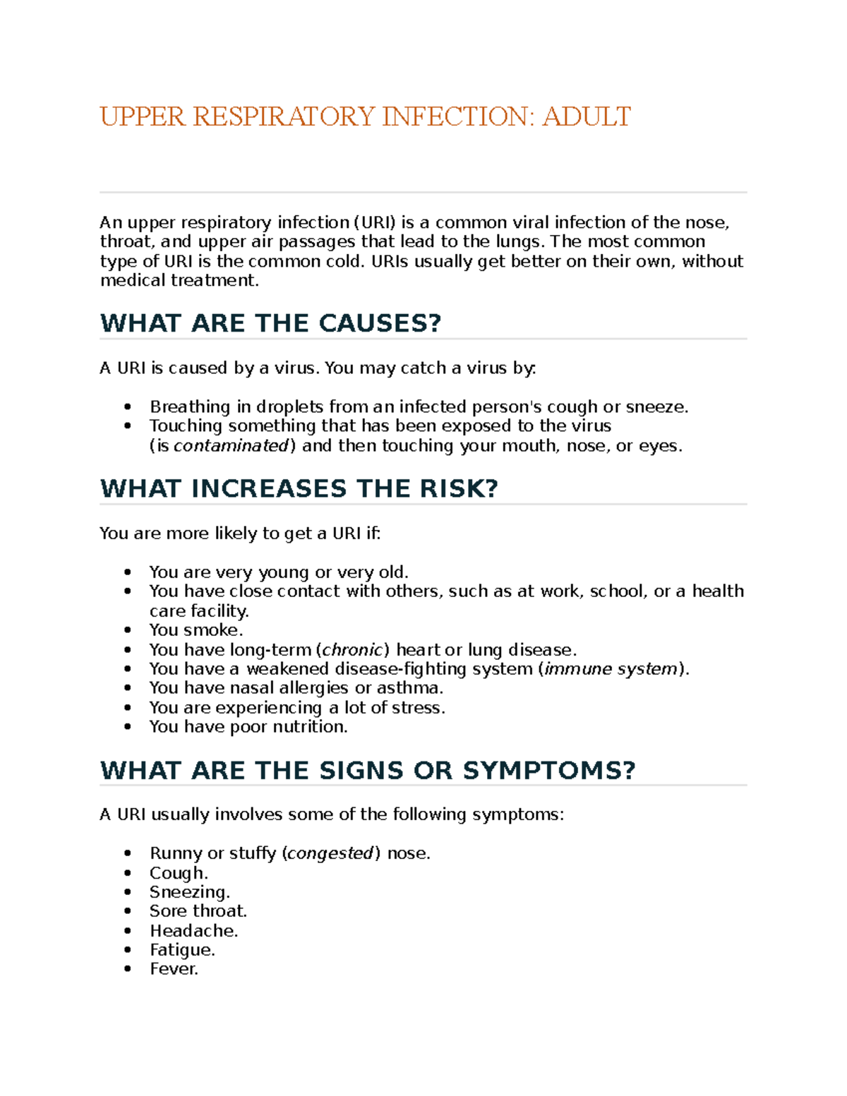 Upper Respiratory Infection - UPPER RESPIRATORY INFECTION: ADULT An ...