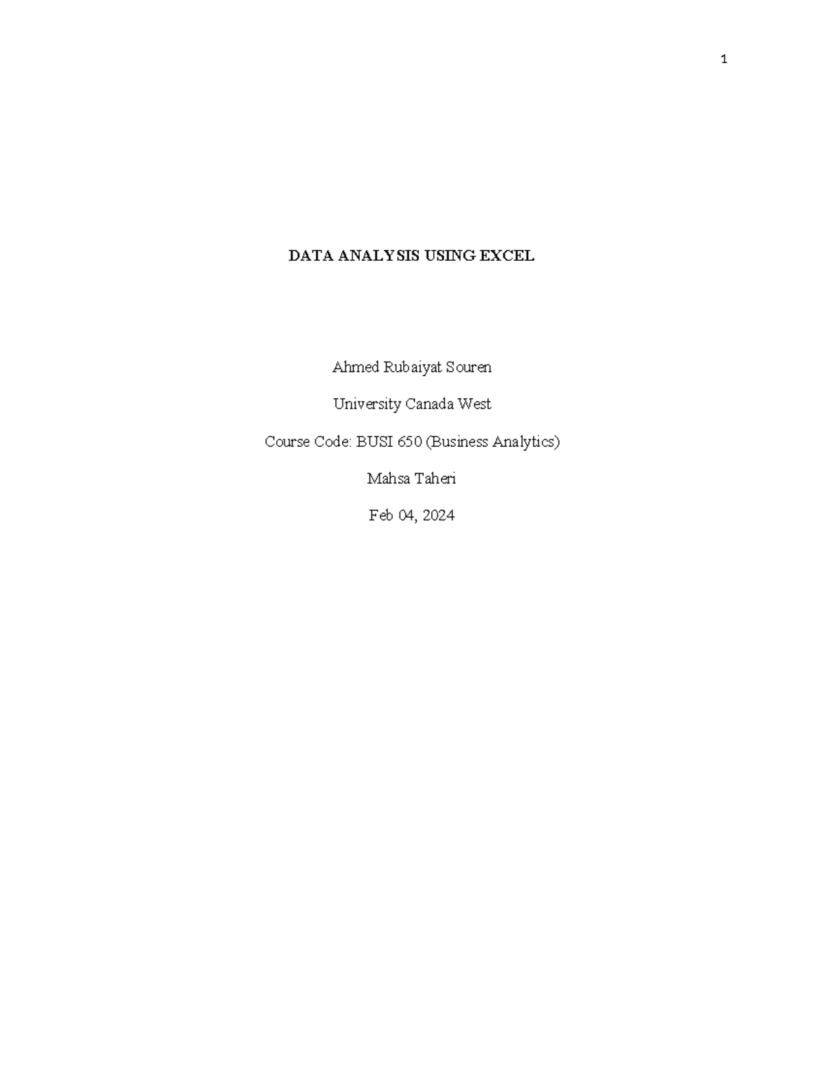 Data Visualization Using Excel Data Analysis Using Excel Ahmed Rubaiyat Souren University