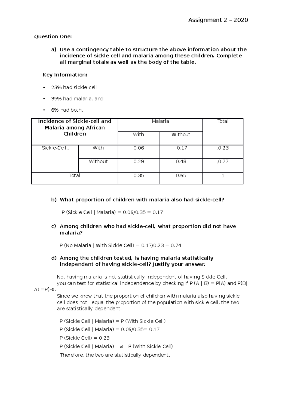 MAS183 Assignment 2 - 2020 - Question One: a) Use a contingency table ...