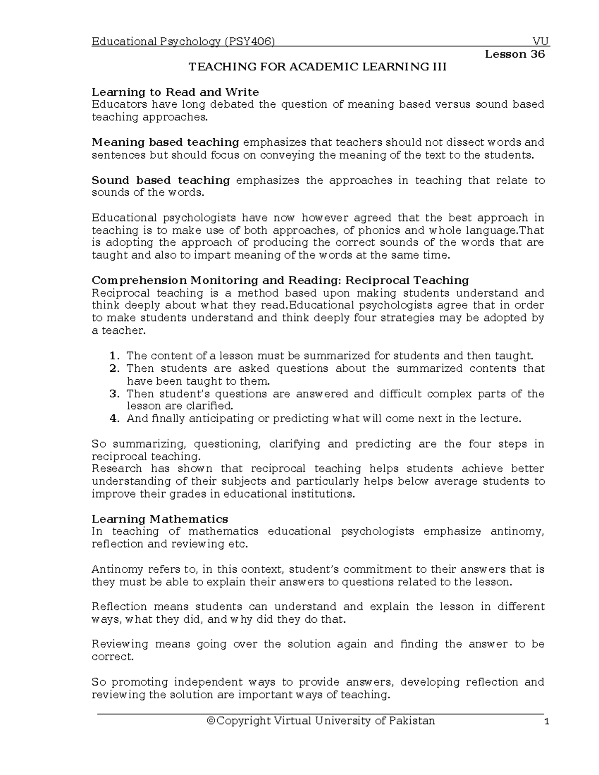 PSY406 Marked Handout 9 - Lesson 36 TEACHING FOR ACADEMIC LEARNING III ...