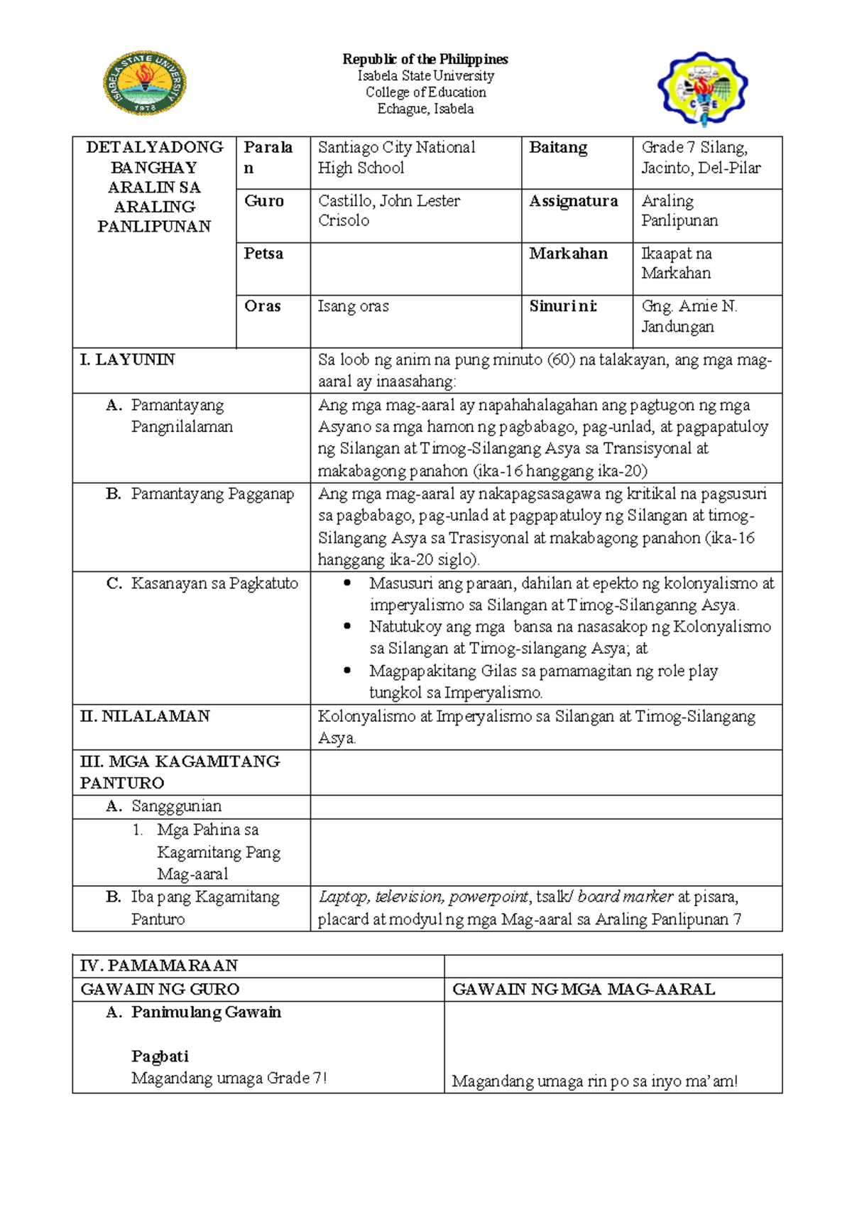 DLP1 - Isabela State University College of Education Echague, Isabela DETALYADONG BANGHAY ARALIN ...