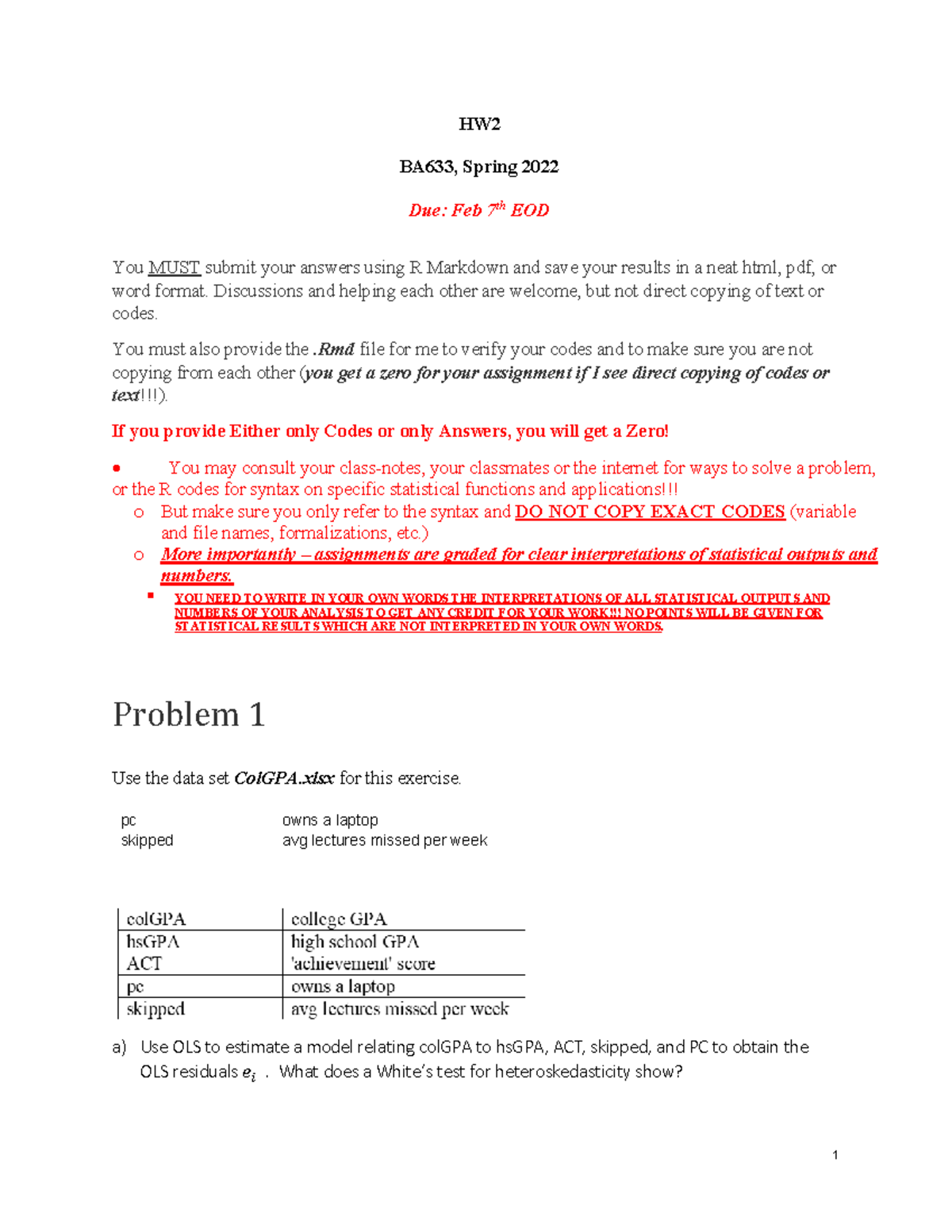HW2 - Assignemnts - HW BA633, Spring 2022 Due: Feb 7th EOD You MUST submit your answers using R ...
