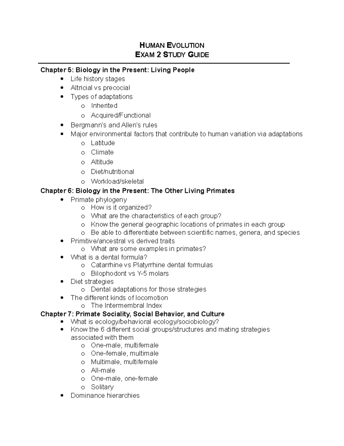 Exam 2 Study Guide - HUMAN EVOLUTION EXAM 2 STUDY GUIDE Chapter 5 ...