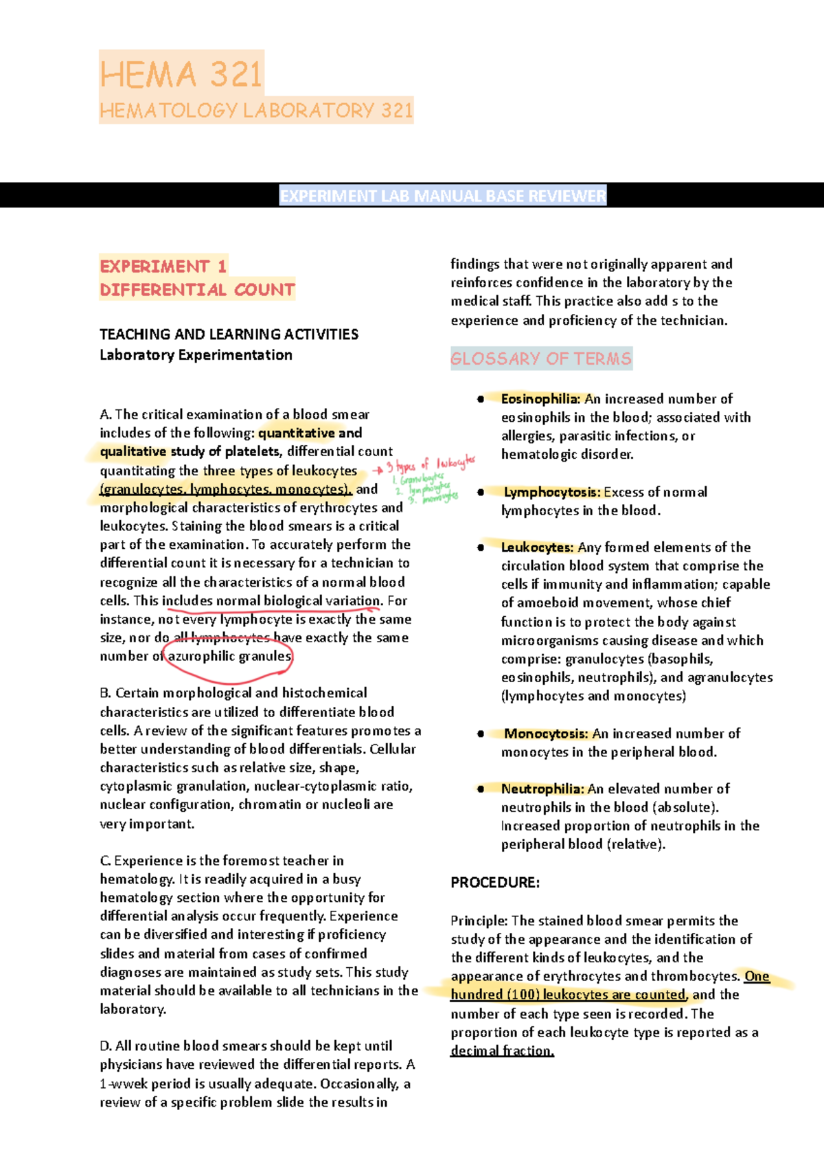 HEMA Laboratory Manual Reviewer 2 - HEMATOLOGY LABORATORY 321 ...