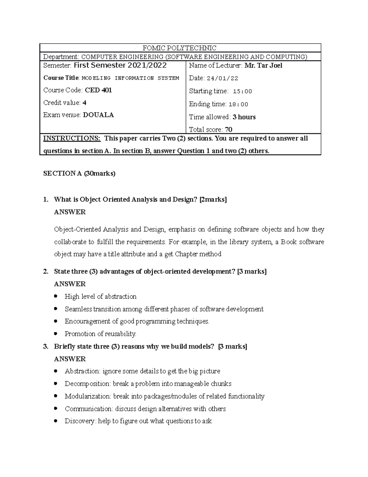 Exams Markguide Information Modeling System - FOMIC POLYTECHNIC Department: COMPUTER ENGINEERING ...