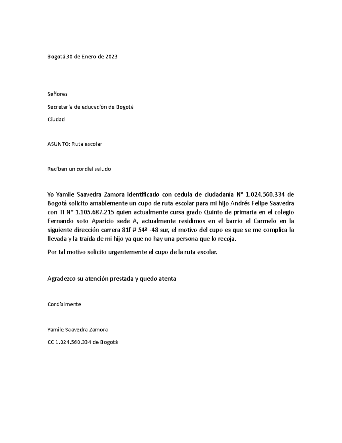 Carta ruta escolar - vvv - Bogotá 30 de Enero de 2023 Señores ...