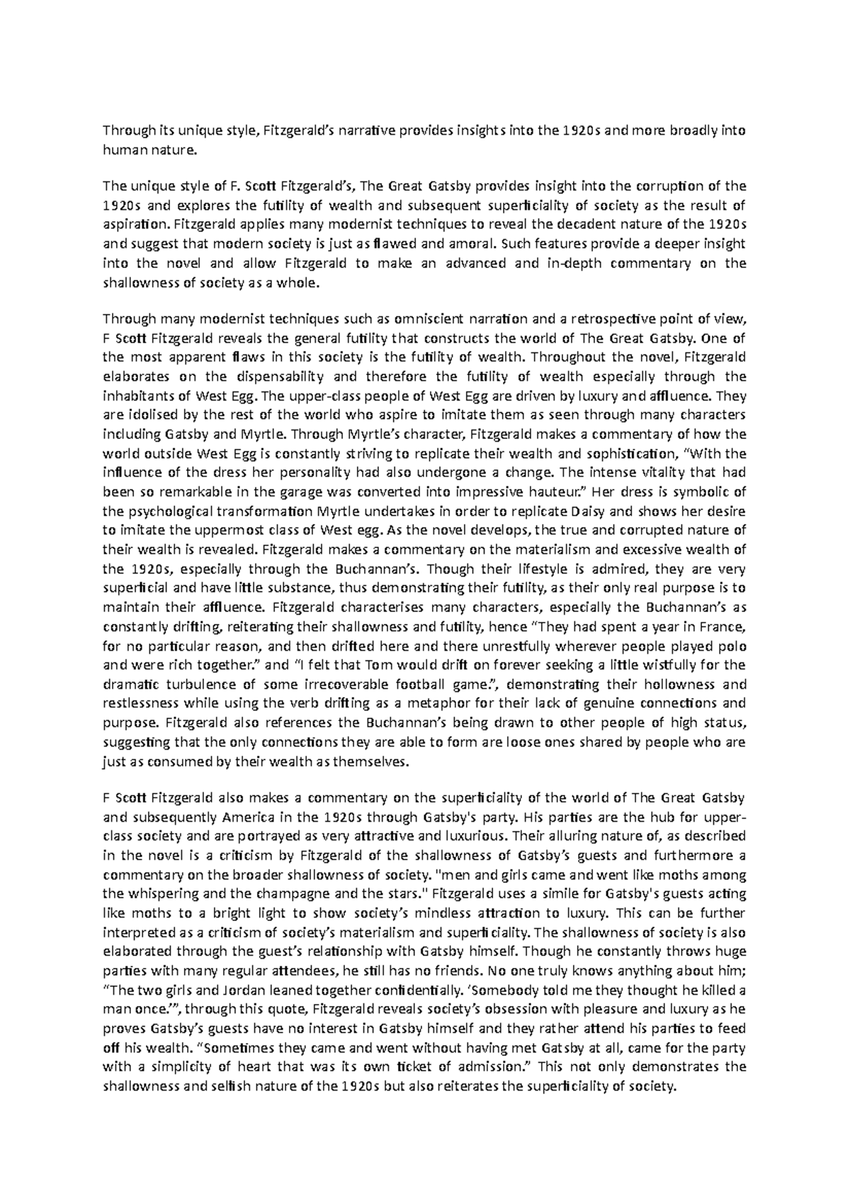 The Great Gatsby - Analysis Essay Example - Through its unique style ...