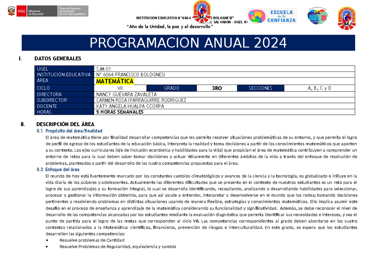 Planificación Anual 3RO - 2024 - VILLA EL SALVADOR - UGEL 01 S “Año de la Unidad, la paz y el ...