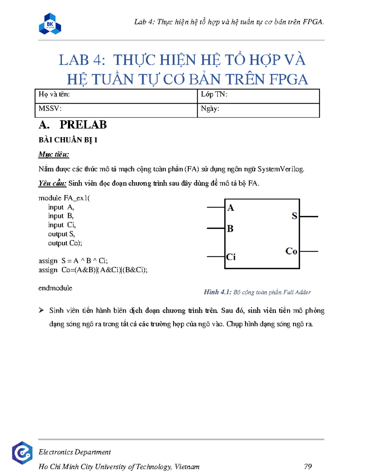 TLHD Tnkts Ver2-trang-2 - Electronics Department LAB 4: THỰC HIỆN HỆ TỔ HỢP VÀ HỆ TUẦN TỰ CƠ BẢN ...