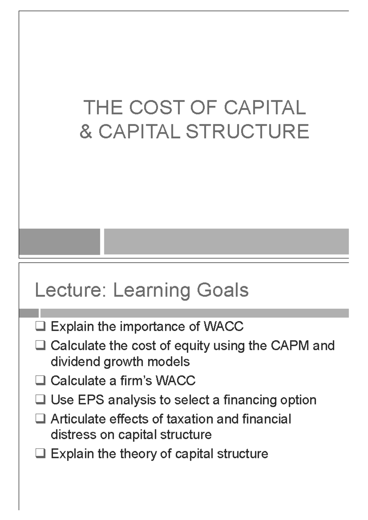 FBF Lecture 10-1 - THE COST OF CAPITAL & CAPITAL STRUCTURE Lecture ...