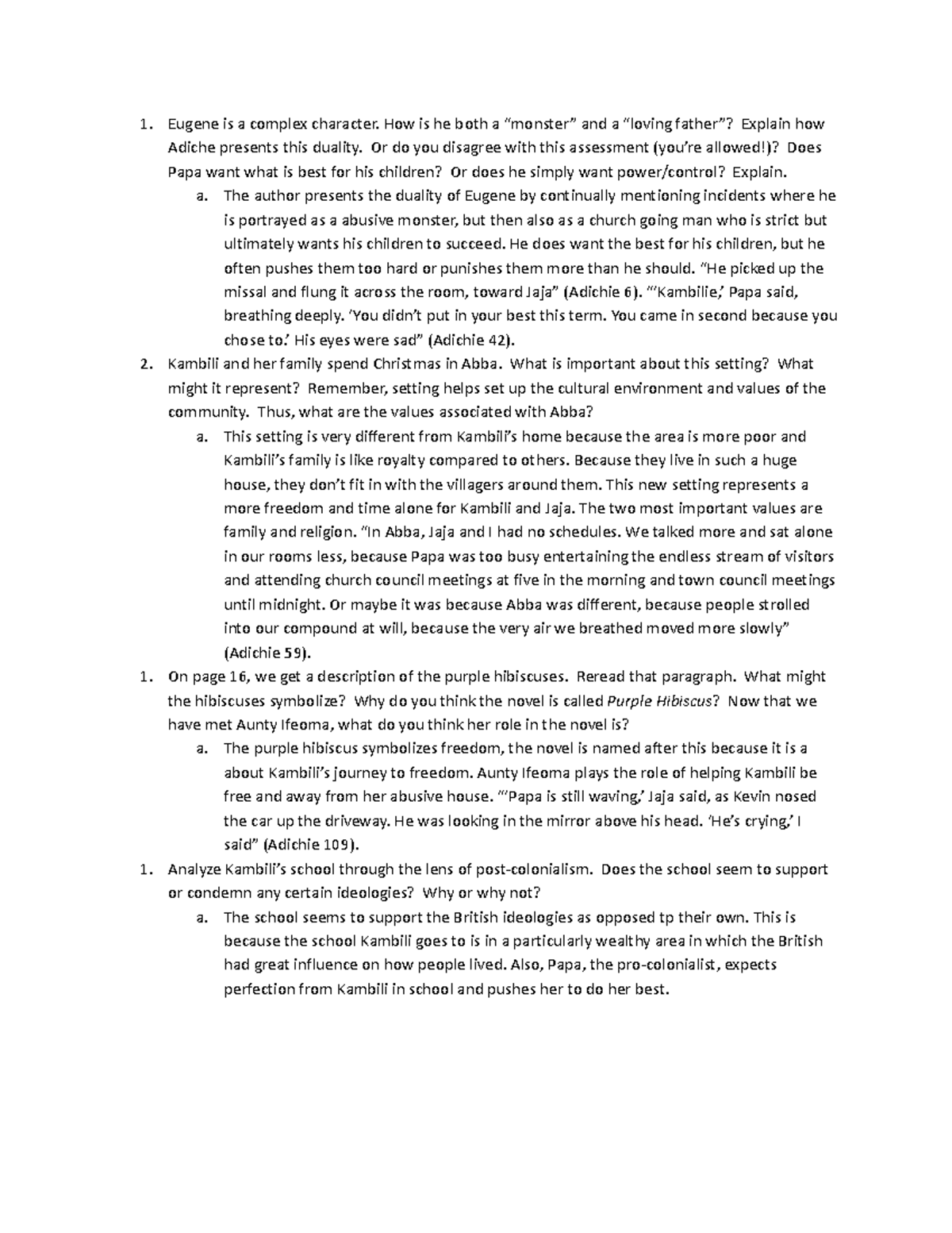 Purple Hibiscus Socratic Seminar Prep - Eugene is a complex character ...