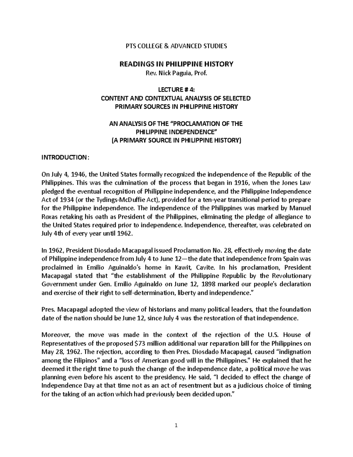 Lecture 4 THE Proclamation OF Philippine Independence - PTS COLLEGE ...