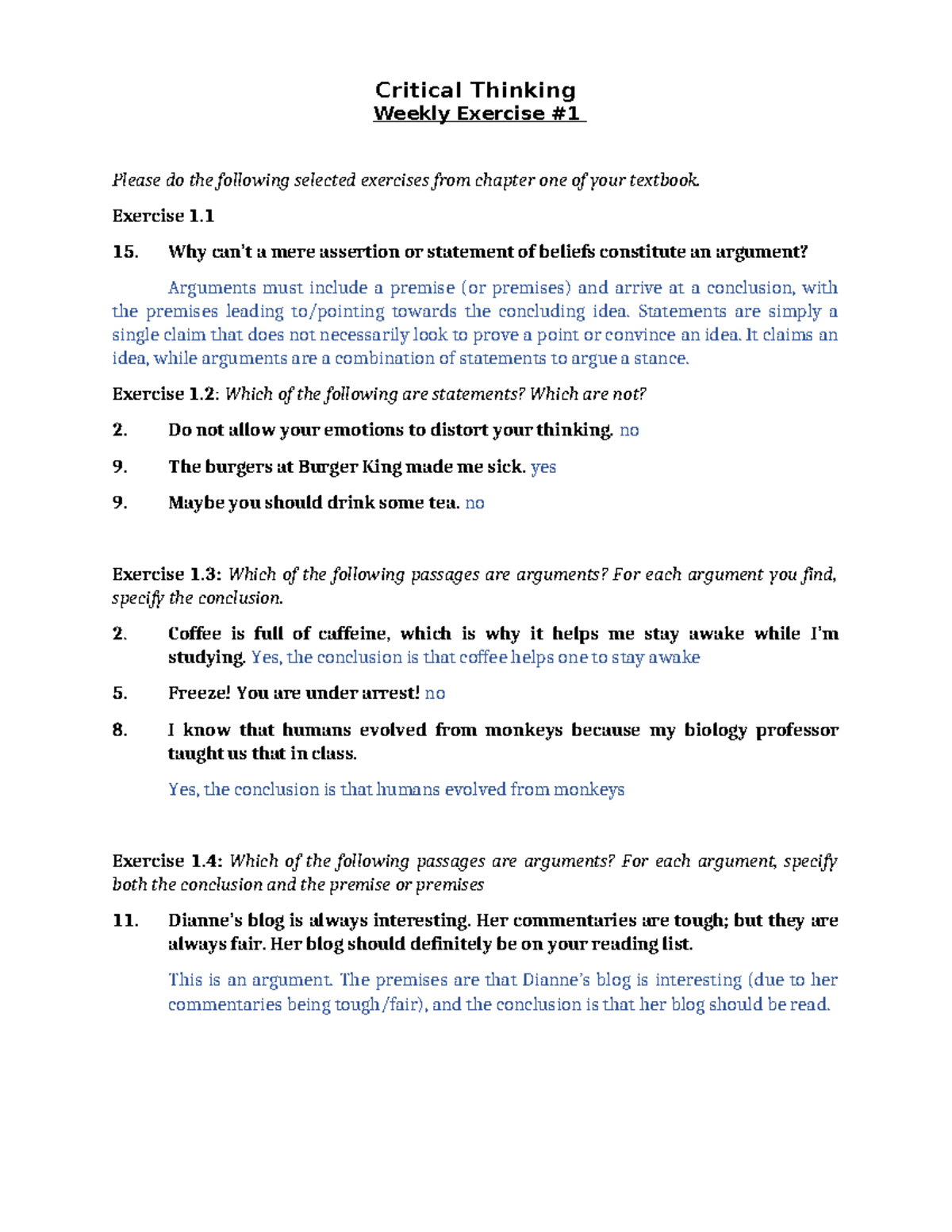exercise 1 answers - Critical Thinking Weekly Exercise # Please do the ...