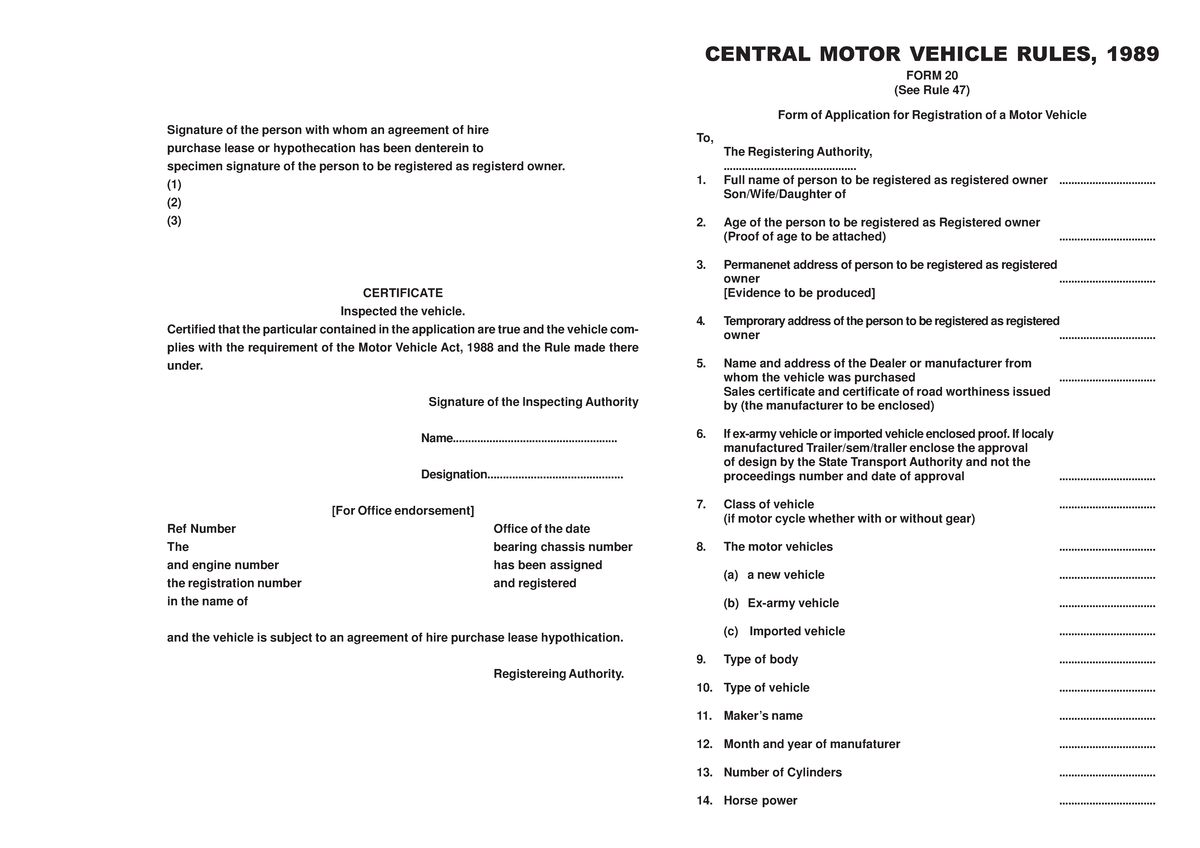 Form 20 - CENTRAL MOTOR VEHICLE RULES, 1989 (See Rule 47) FORM 20 Form ...