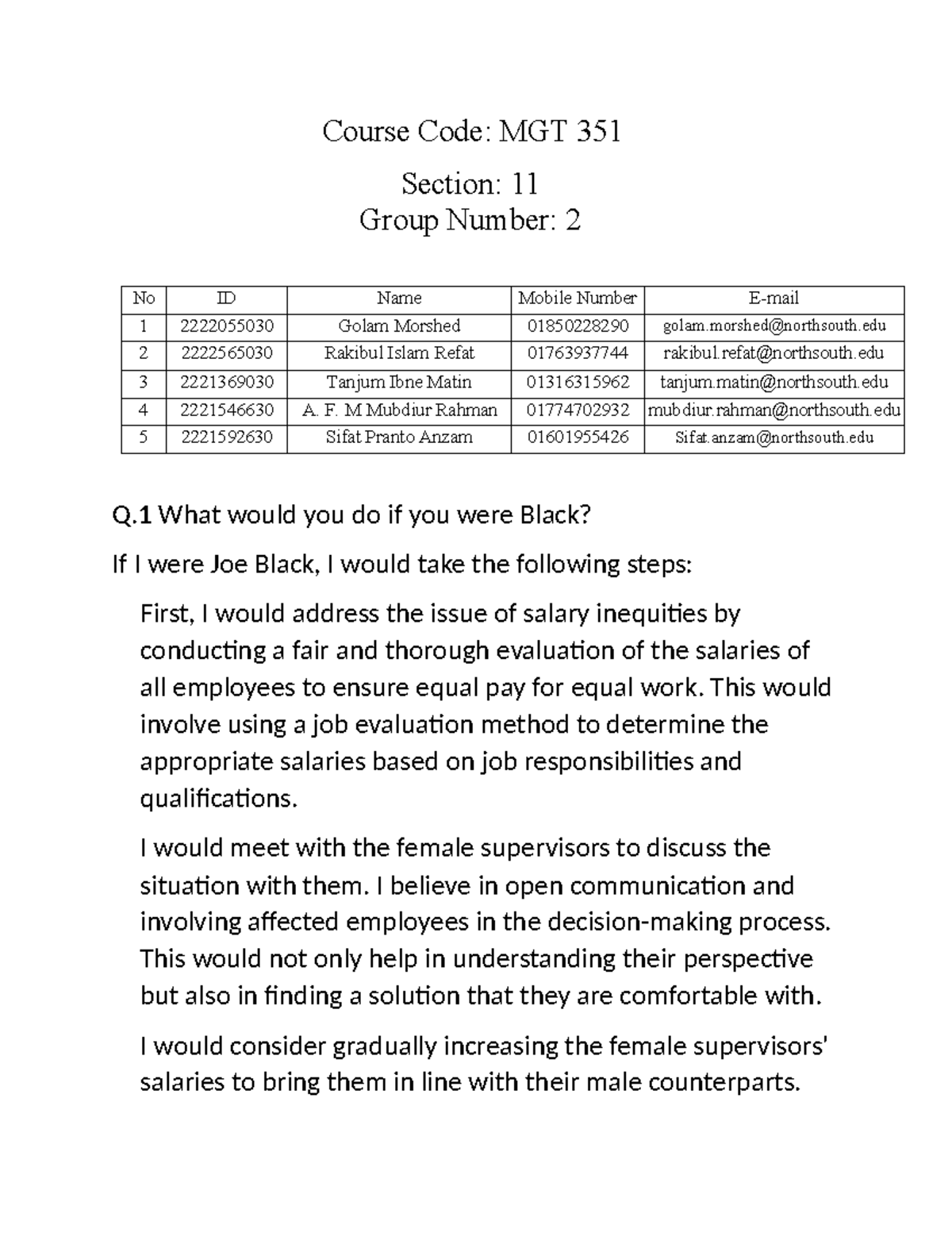CASE 3, sec11 - Assignment Nsu - Course Code: MGT 351 Section: 11 Group ...