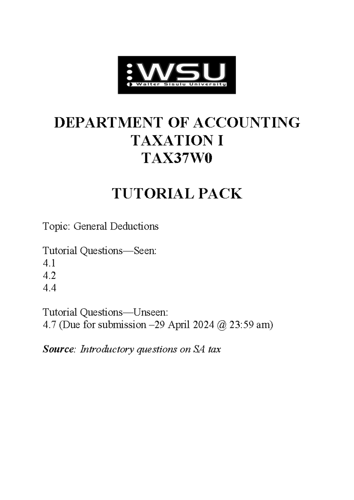 Tutorial Activities General Deductions - TAX1 - DEPARTMENT OF ...