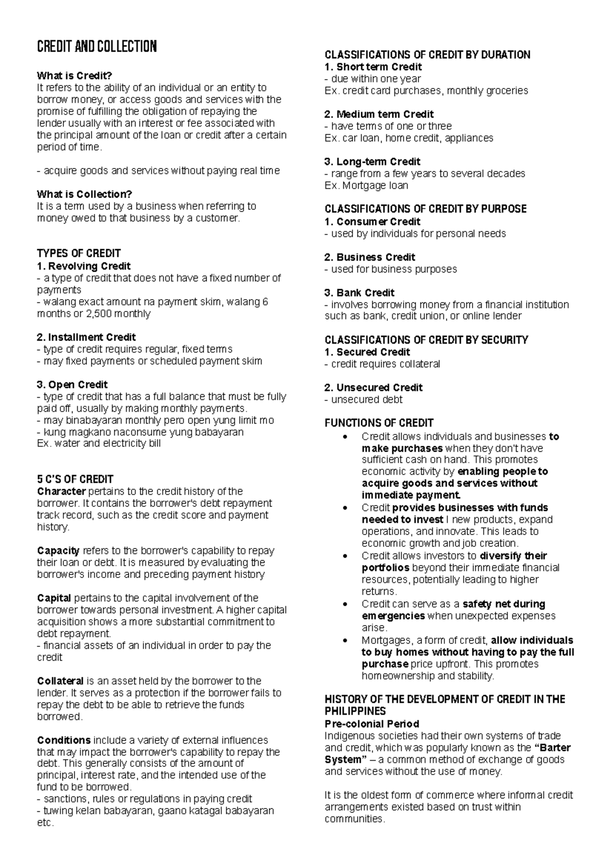 Credit and Collection notes - CREDIT AND COLLECTION What is Credit? It ...