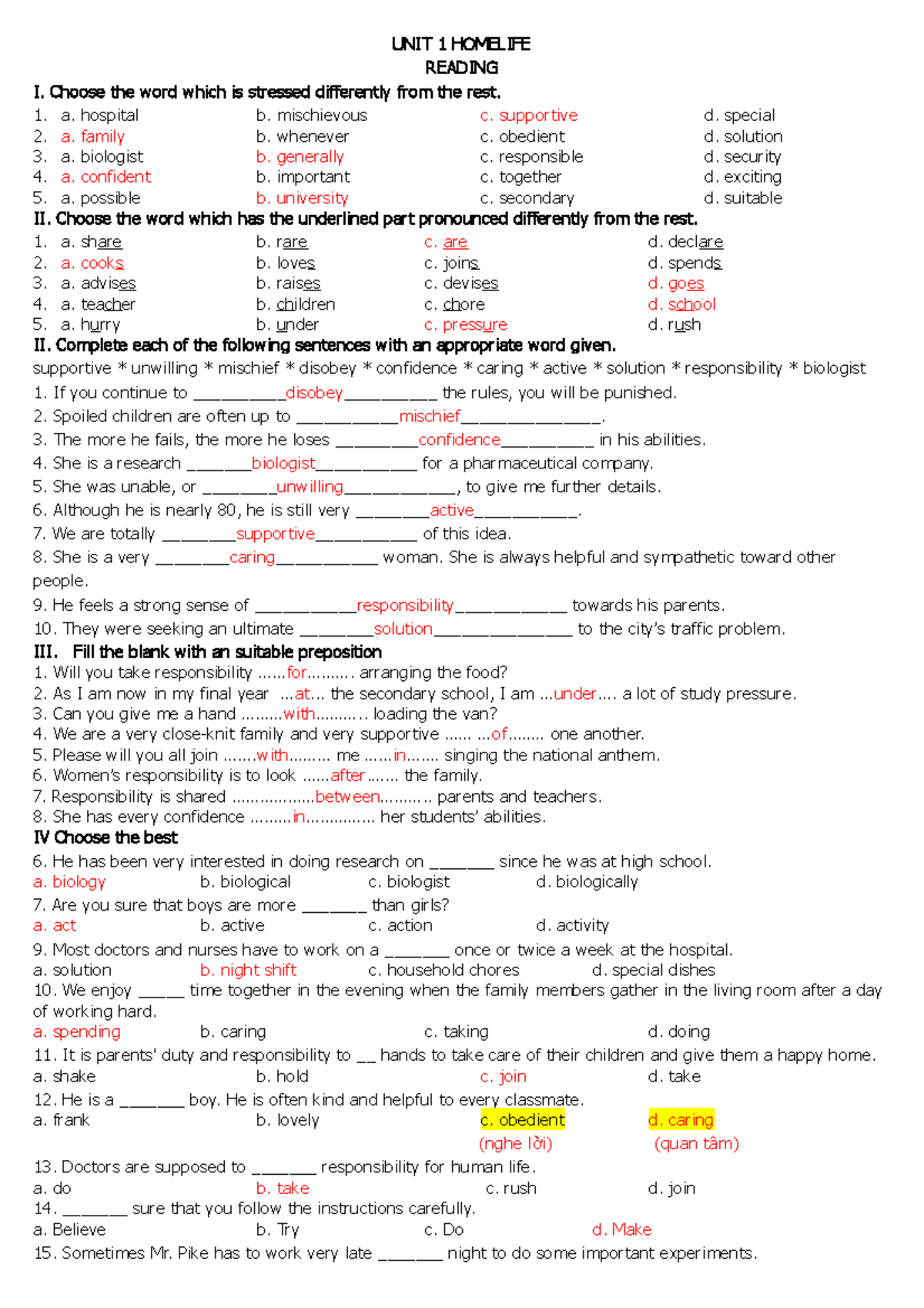 UNIT 1 Homelife Reading - UNIT 1 HOMELIFE READING I. Choose the word ...