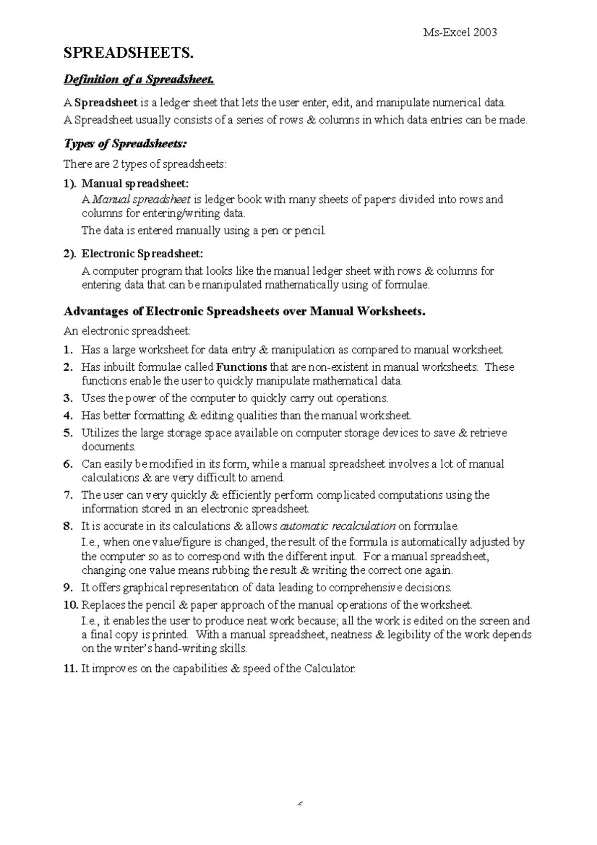 Ms-Excel notes 2010 - tutorial - SPREADSHEETS. Definition of a ...