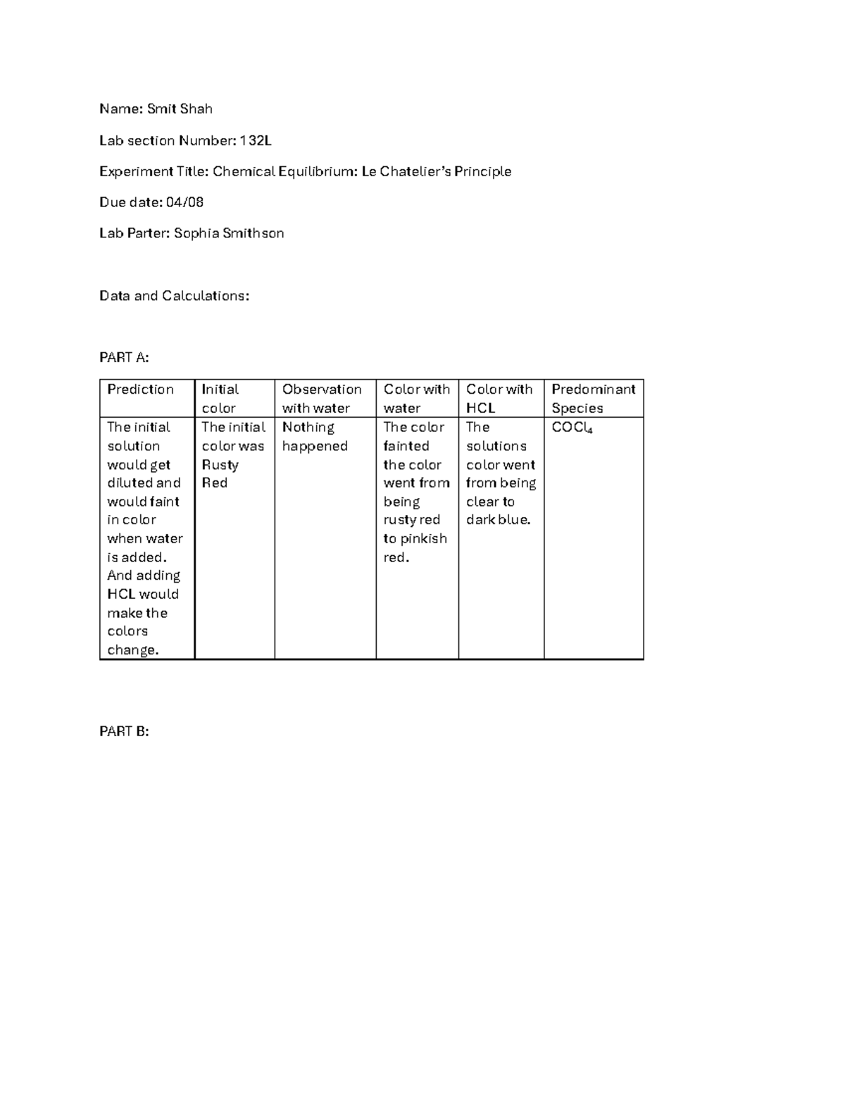 Experiment 6 Chemical Eqilibrium - Name: Smit Shah Lab section Number: 132L Experiment Title ...