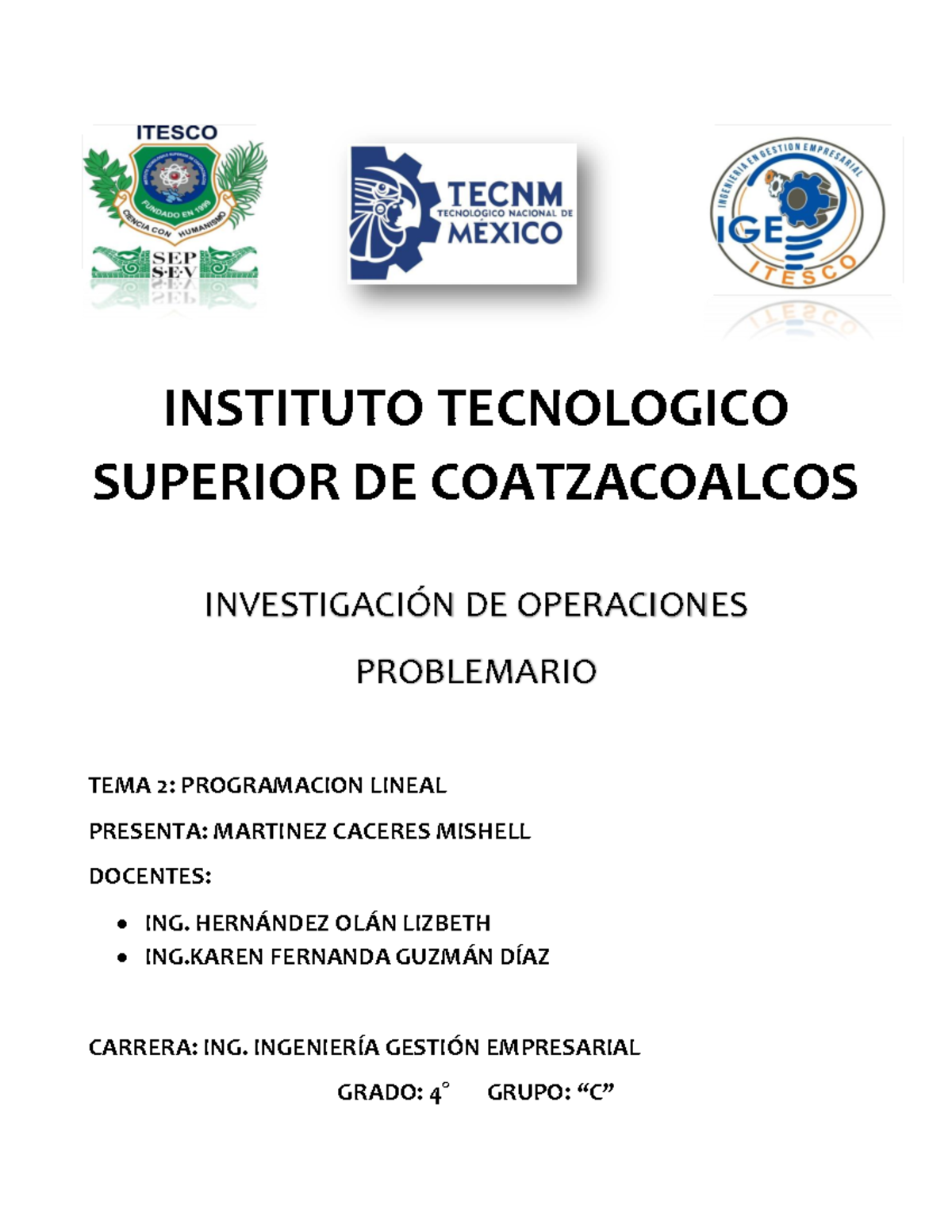 Problemario Martinez Caceres Mishell - INSTITUTO TECNOLOGICO SUPERIOR DE COATZACOALCOS ...