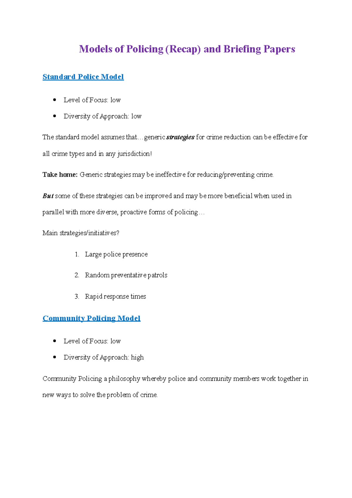Lecture 7 Models of Policing (Recap) and Briefing Papers - Models of ...