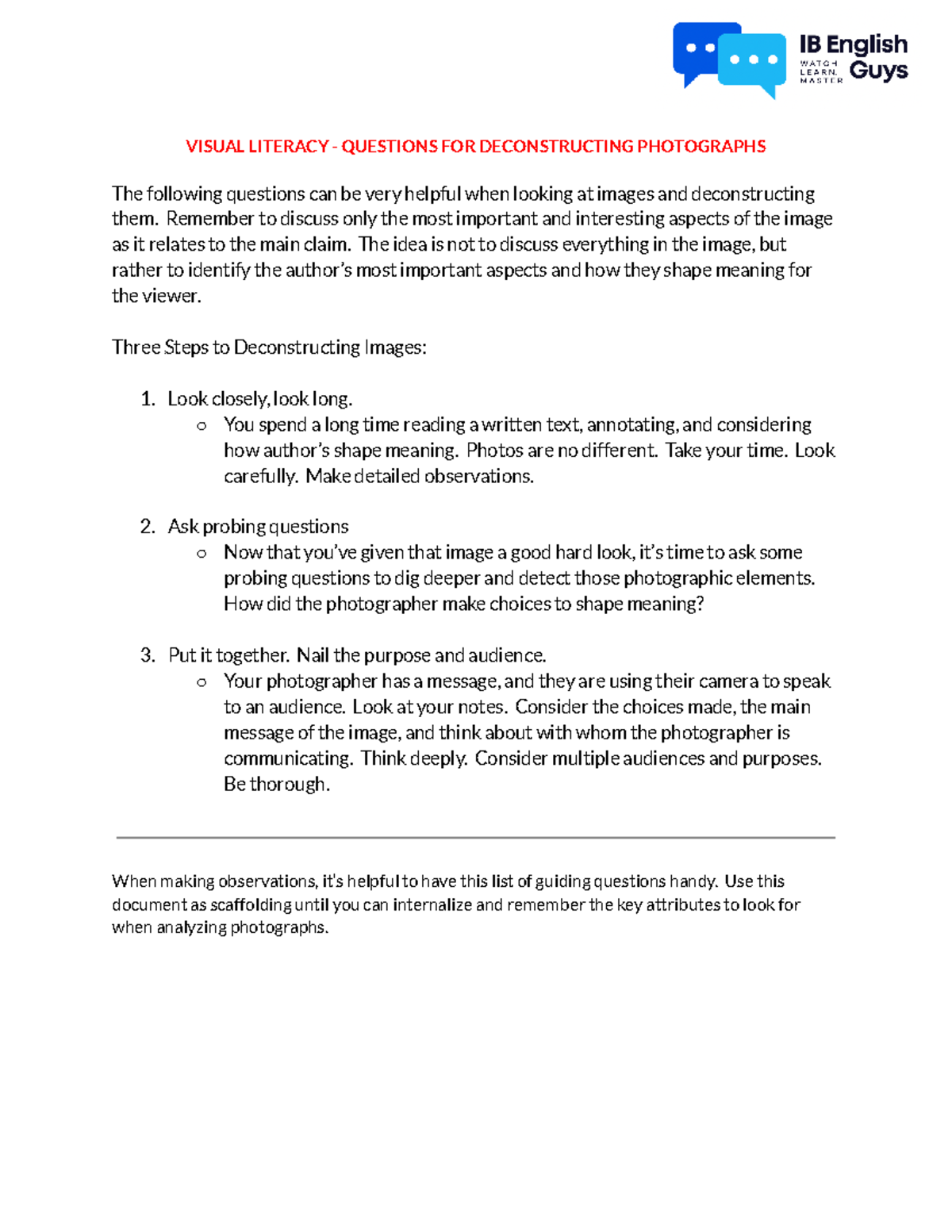 Paper One - How To Read a Photograph - VISUAL LITERACY - QUESTIONS FOR ...