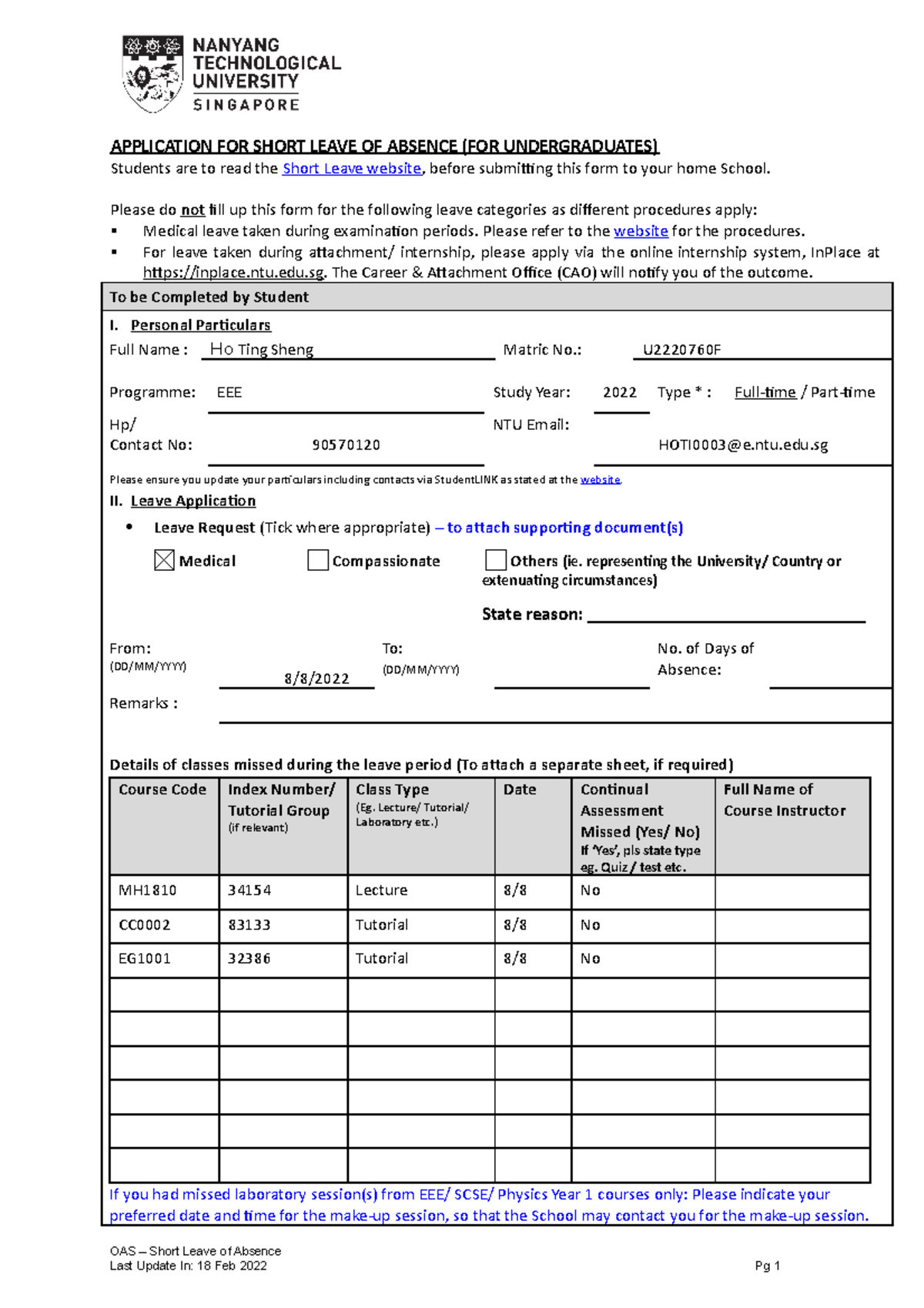 Short Leave Application Form - APPLICATION FOR SHORT LEAVE OF ABSENCE ...