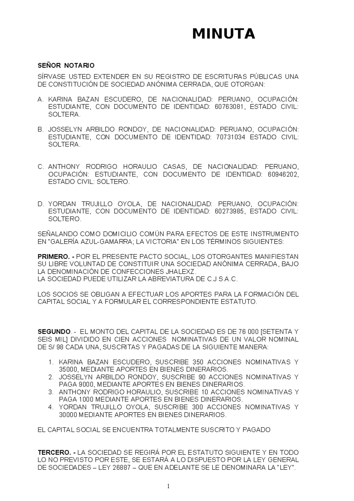 Formato de Minuta SAC con directorio efectivo - MINUTA SEÑOR NOTARIO ...