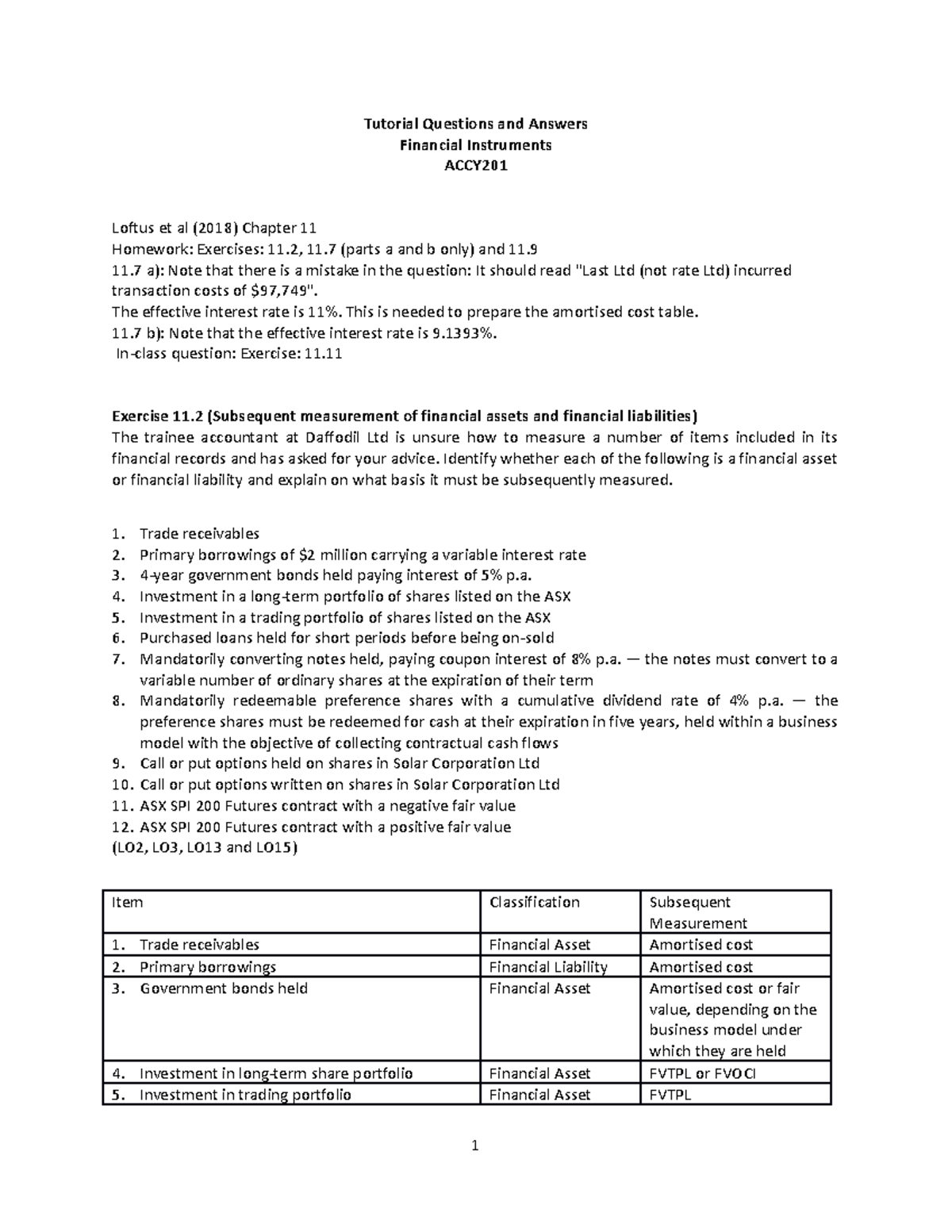 Qs+As Ch11 Financial instruments - Tutorial Questions and Answers Financial Instruments ACCY ...