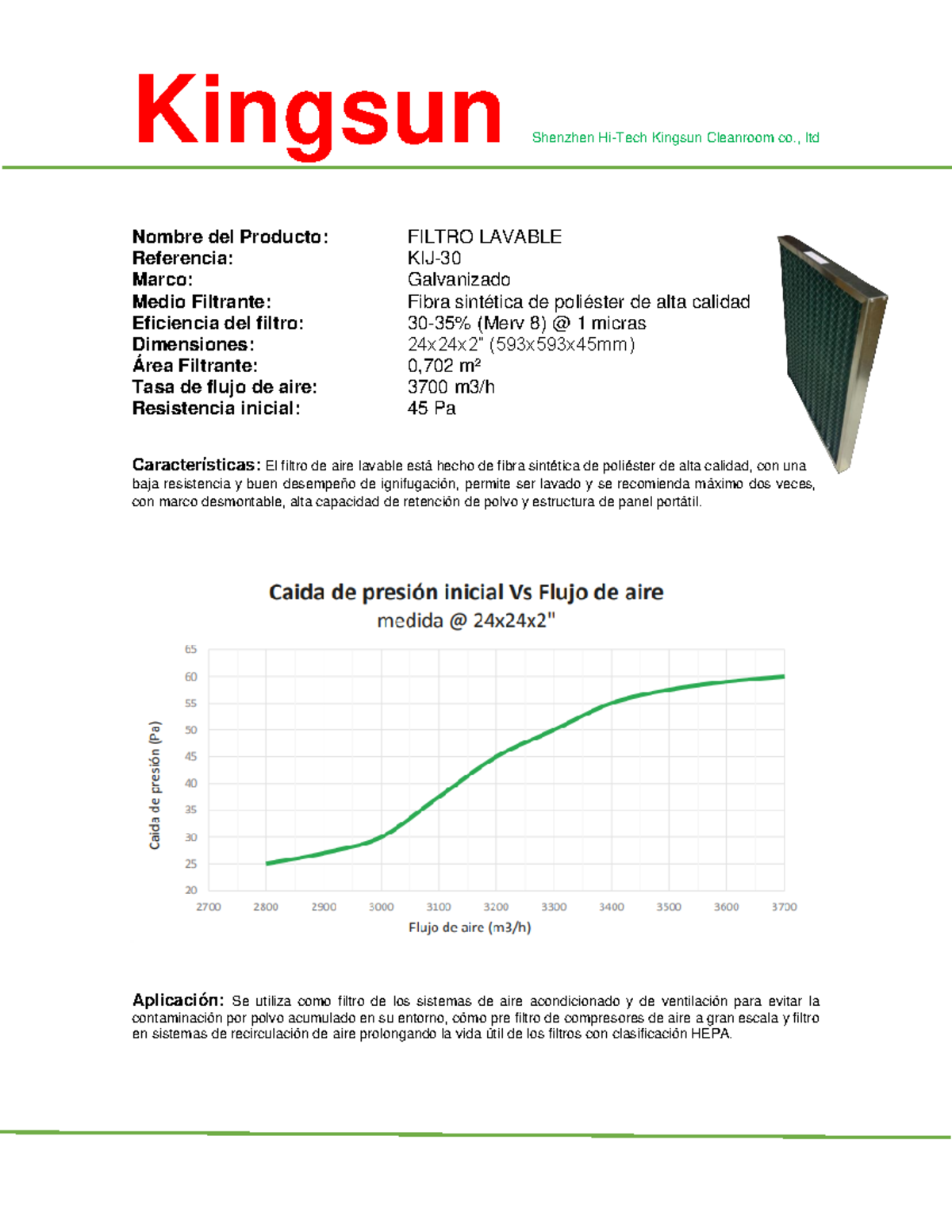 Filtros MERV 8 - Ficha Técnica - Kingsun Shenzhen Hi-Tech Kingsun Cleanroom co., ltd Nombre del ...