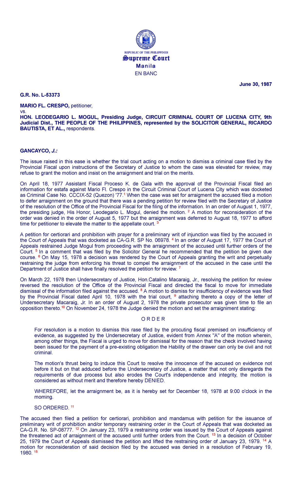 Crespo v. Mogul, G.R. No. L-53373 - EN BANC June 30, 1987 G. No. L- MARIO FL. CRESPO, petitioner ...