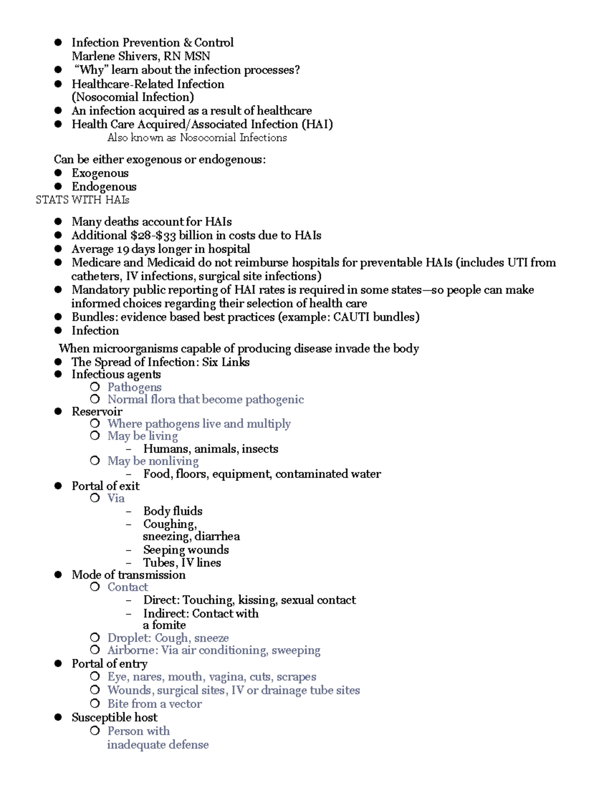 Infection Control Student Outline Fall 2019 - Infection Prevention ...