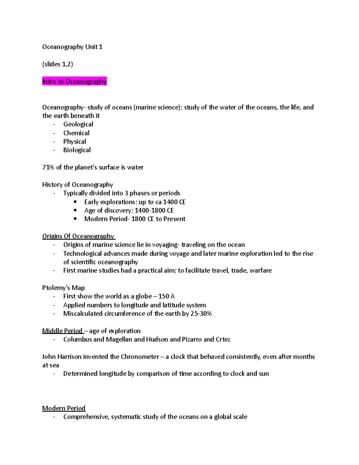 Oceanography Ch1 - first unit covered in semester - Oceanography Unit 1 ...