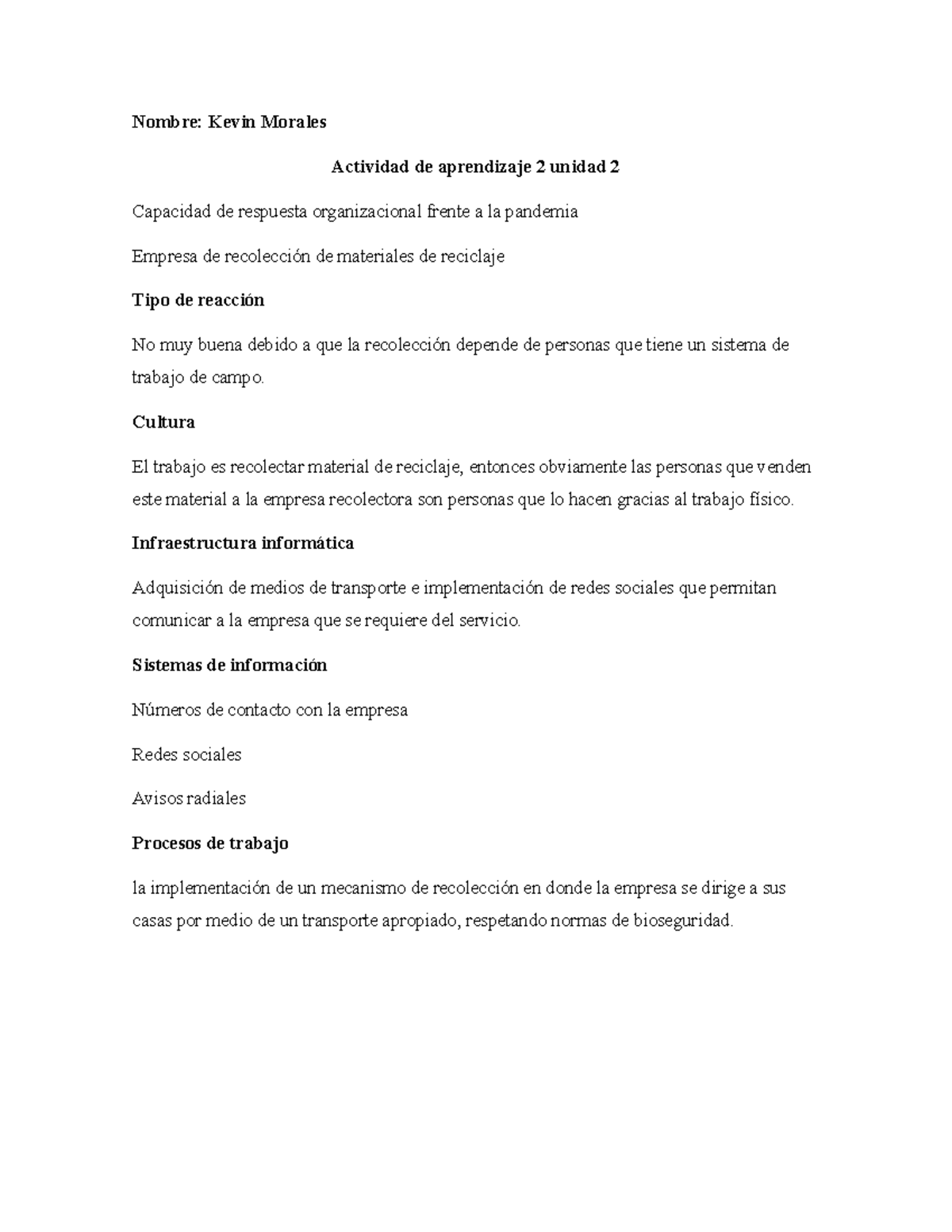 Actividad de aprendizaje 2 Unidad 2 - Nombre: Kevin Morales Actividad ...