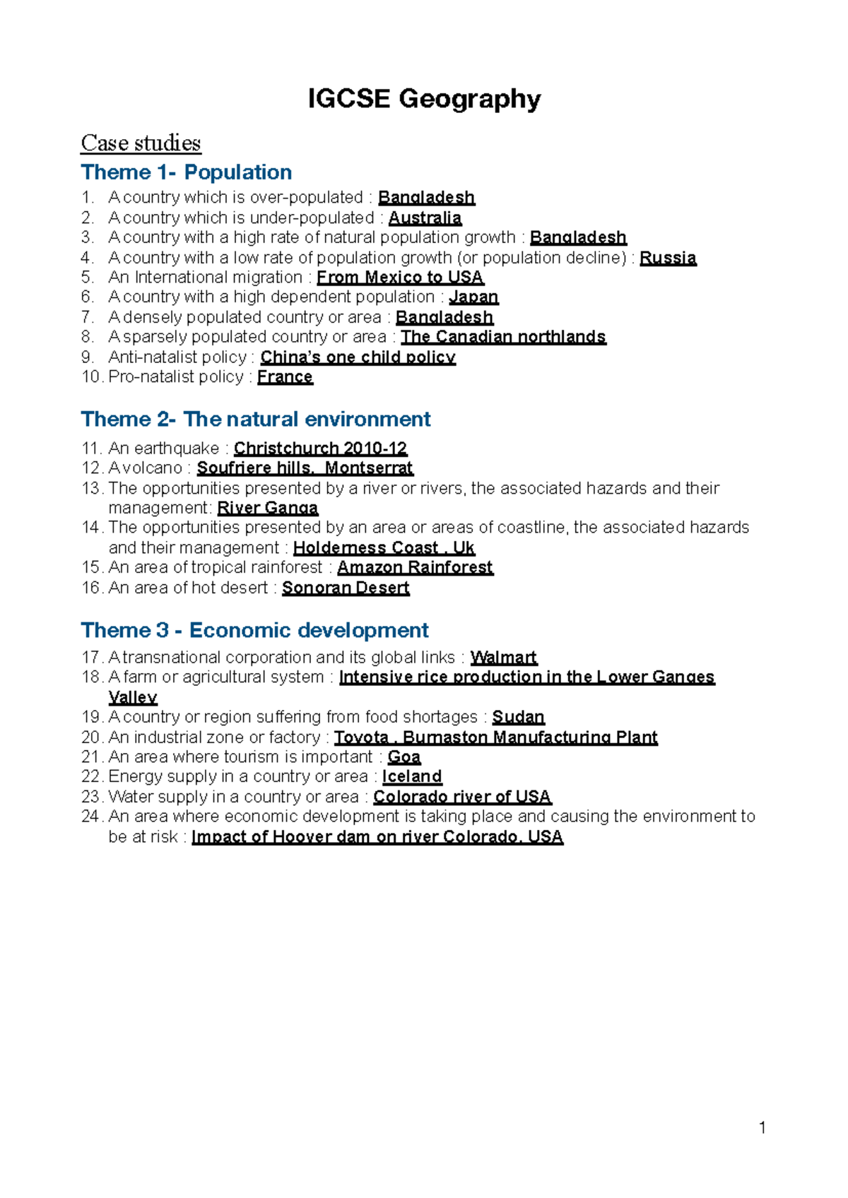 Case studies - ewrwerwe - IGCSE Geography Case studies Theme 1 ...