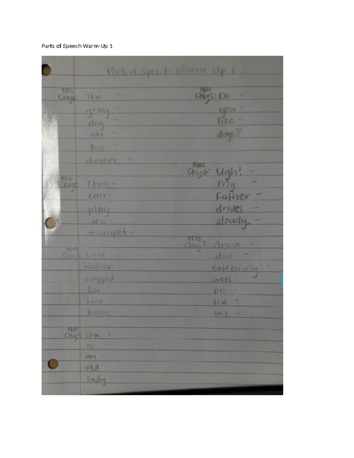 Parts of Speech Warm Ups 1 Screenshot Fall 2024 - 1 an e op Parts of ...