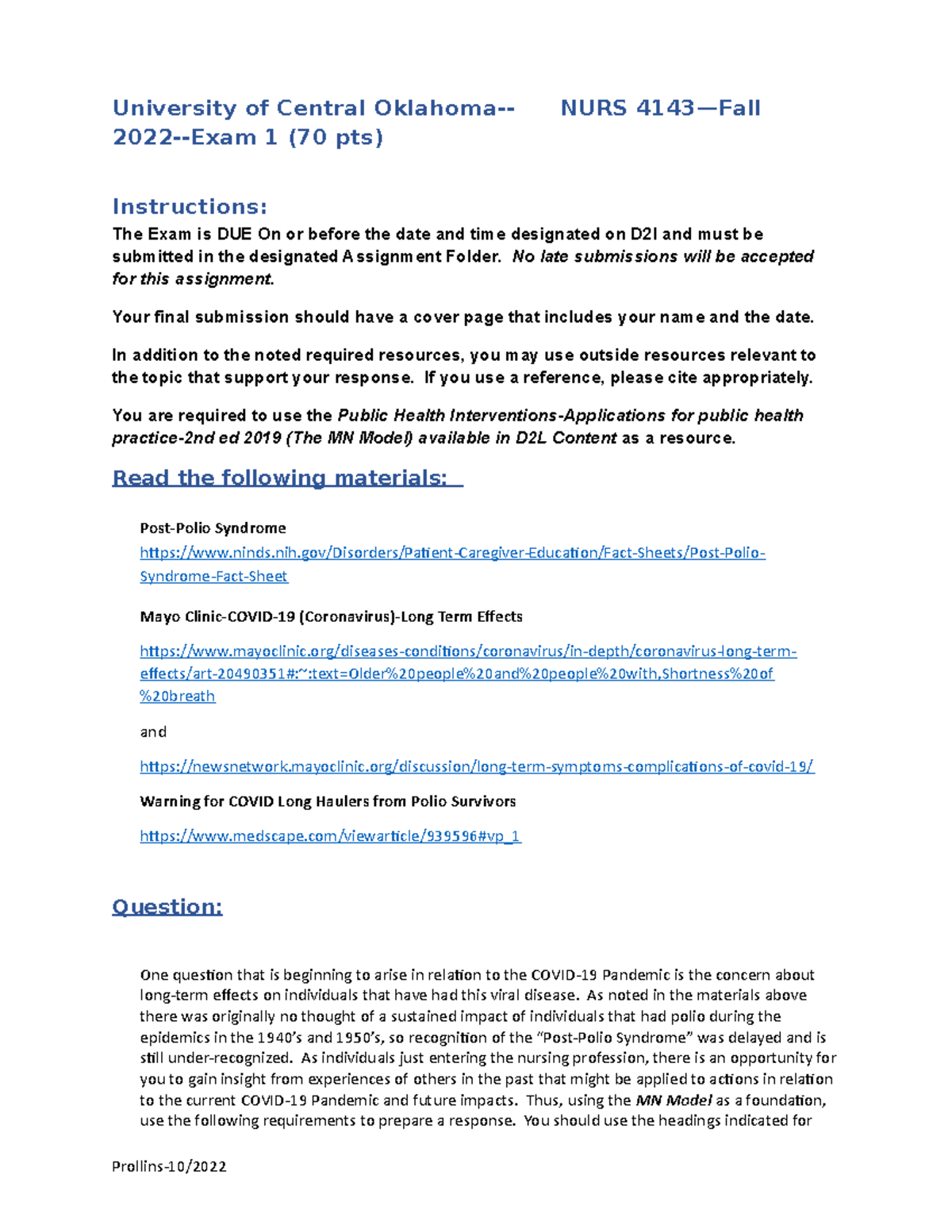Exam 1-Fall 2022-Instructions - University of Central Oklahoma- NURS ...
