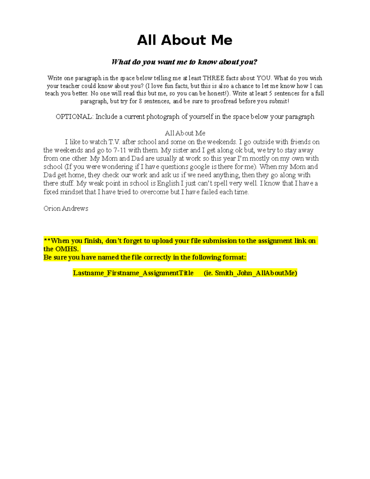 All About Me Assignment 2020 - All About Me What do you want me to know ...
