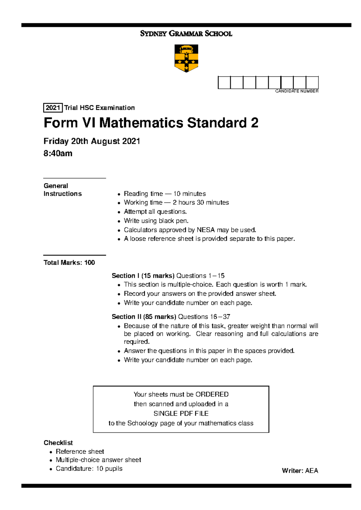 2021 Sydney Grammar School - S2 - Trial - Questions - CANDIDATE NUMBER ...