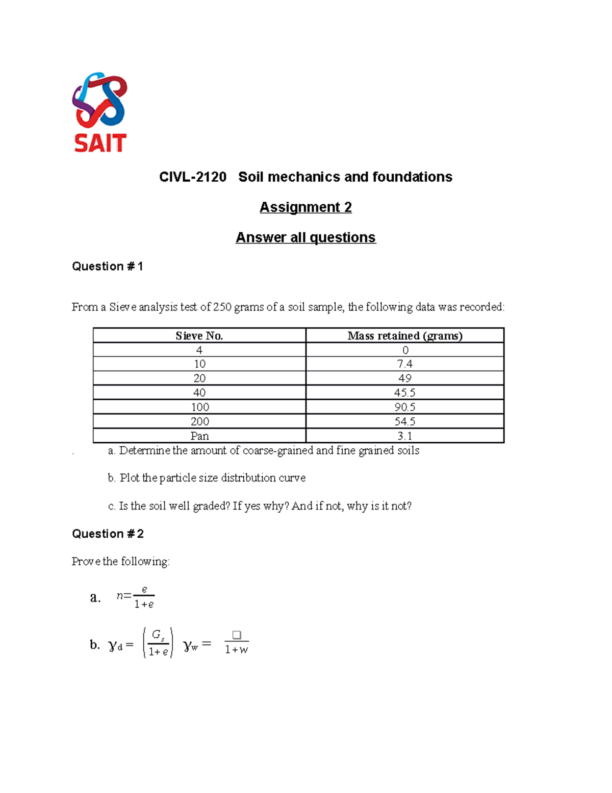 CIVL 2120 Assignment 2 soil mechanics practice - CIVL-2120 Soil ...
