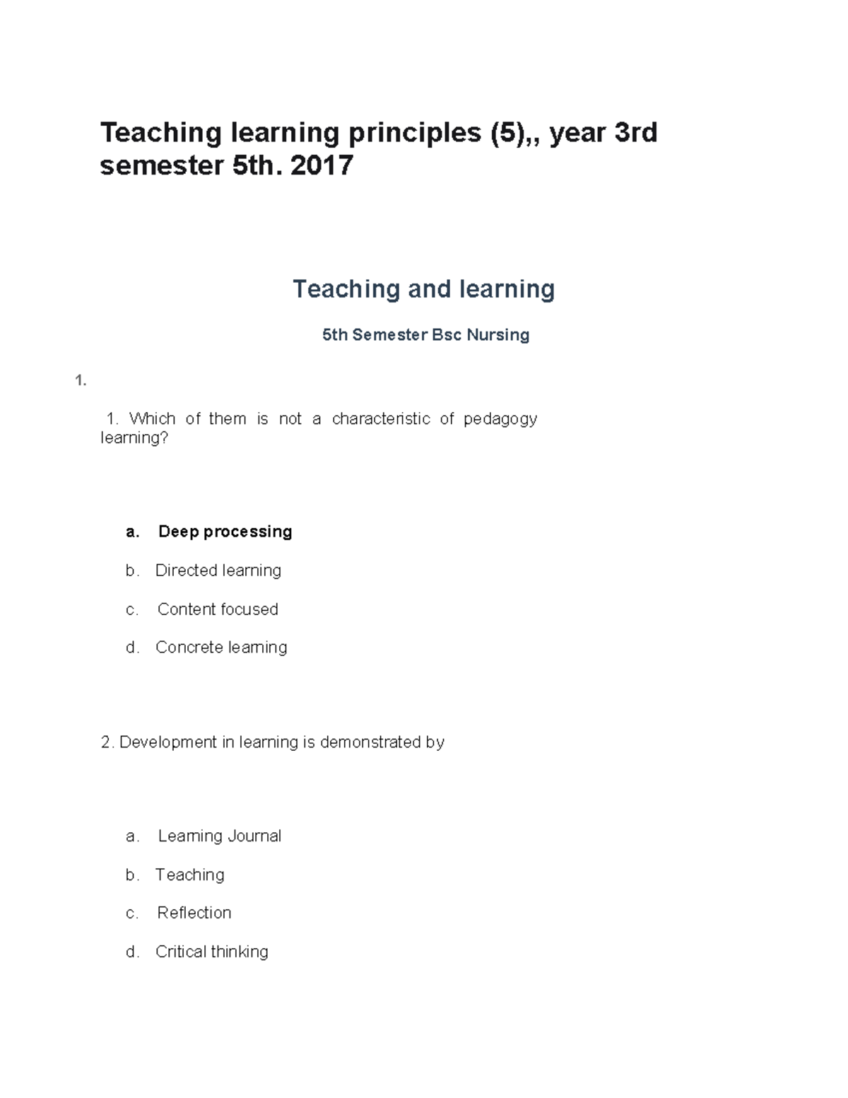 Teaching learning principles (5),, year 3rd semester 5th. 2017 - 2017 ...