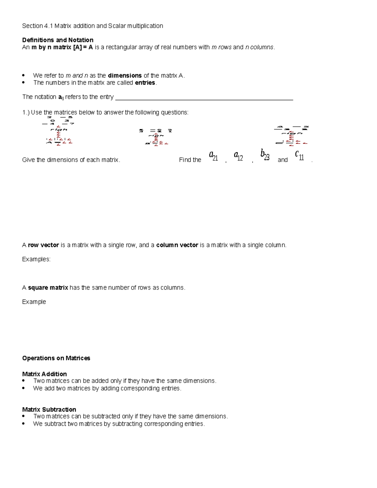120 4.1 notes - Section 4 Matrix addition and Scalar multiplication ...