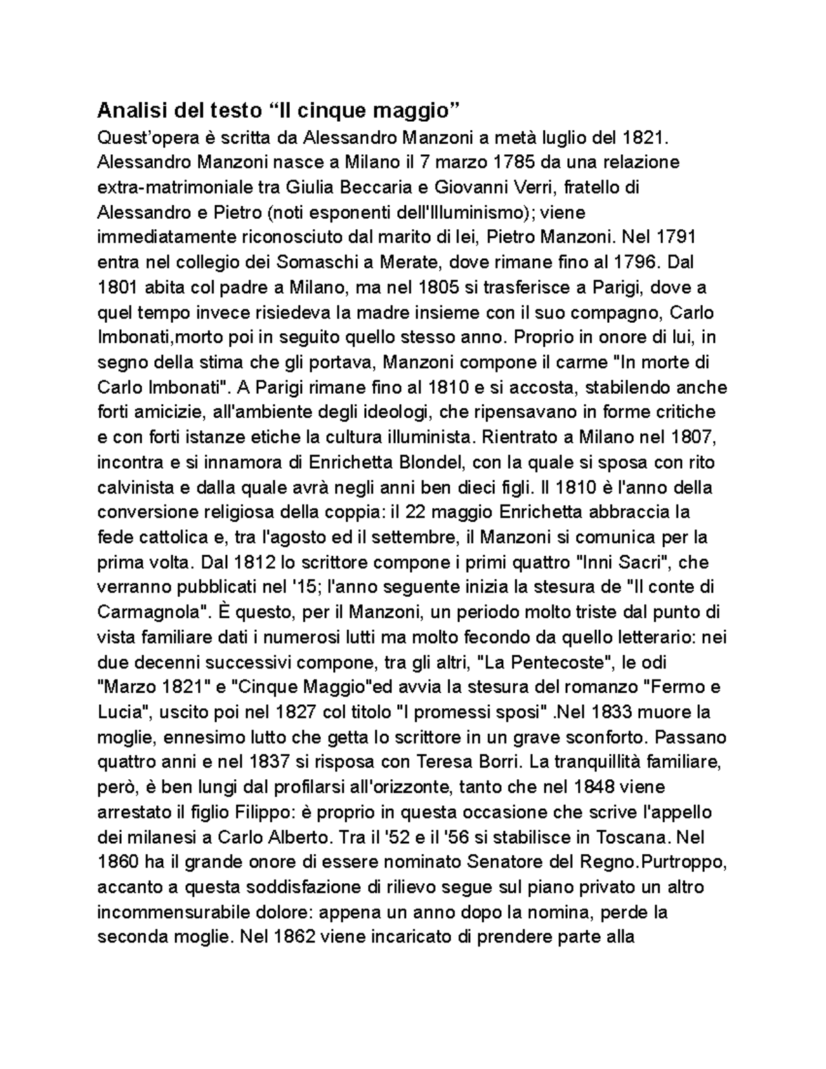 5 maggio - Analisi del testo “Il cinque maggio” Quest’opera è scritta ...