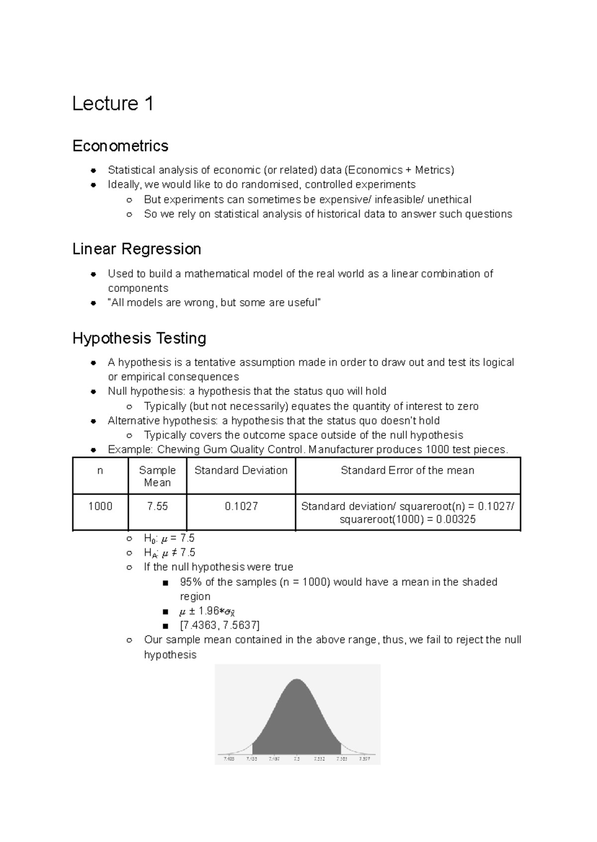 Lecture Notes - Lecture 1 Econometrics Statistical analysis of economic ...