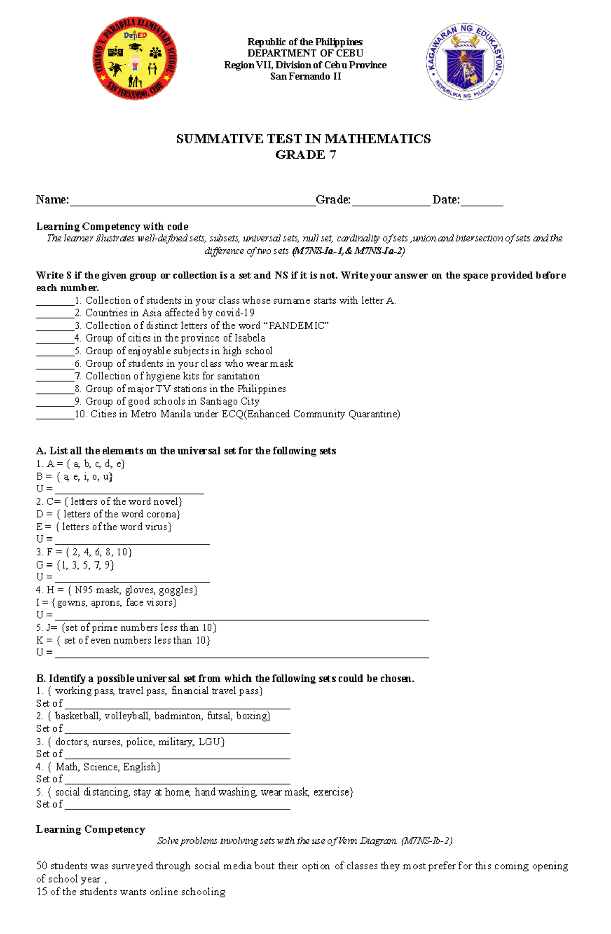 Summative TEST IN MATH - Republic of the Philippines DEPARTMENT OF CEBU ...